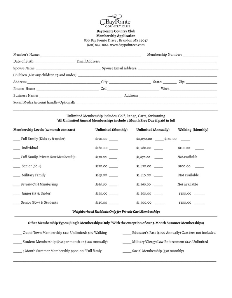 Membership Application - Bay Pointe Country Club